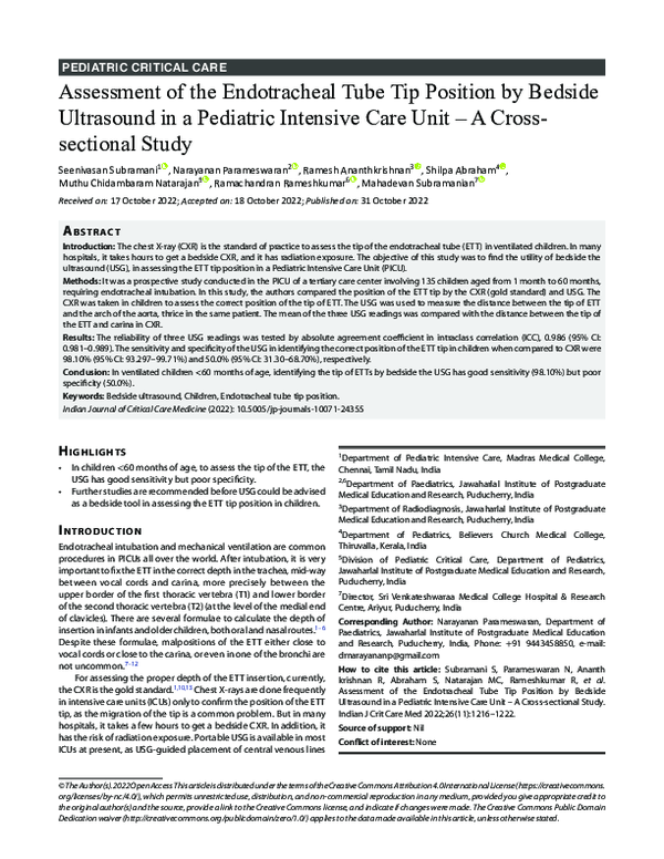 (PDF) Assessment of the Endotracheal Tube Tip Position by Bedside ...