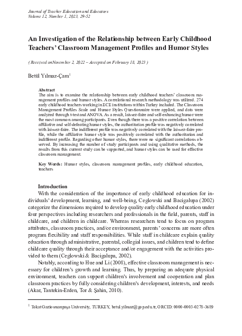 (PDF) An Investigation of the Relationship between Early Childhood Teachers' Classroom ...