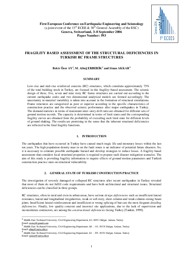 (PDF) Fragility based assessment of the structural deficiencies in Turkish RC frame structures