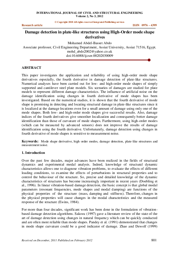 (PDF) Damage detection in plate-like structures using High-Order mode shape derivatives | Abdel ...