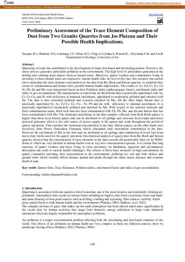 (PDF) Preliminary Assessment of the Trace Element Composition of Dust from Two Granite Quarries ...