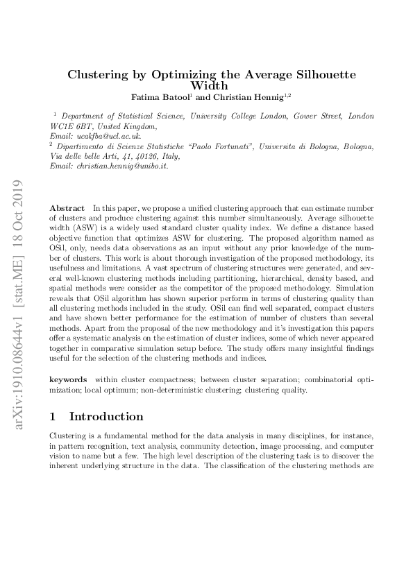 (PDF) Clustering by Optimizing the Average Silhouette Width