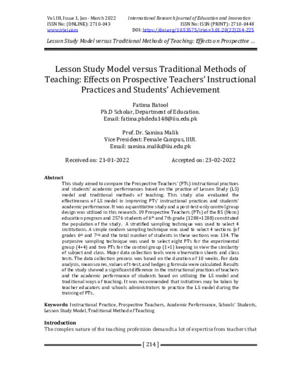 (PDF) Lesson Study Model versus Traditional Methods of Teaching ...