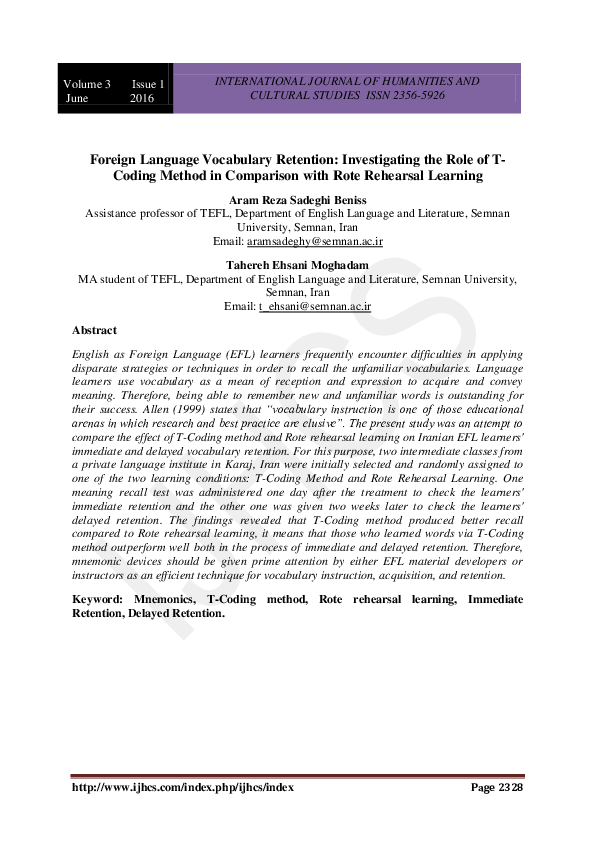 (PDF) Foreign Language Vocabulary Retention: Investigating the Role of T-Coding Method in ...