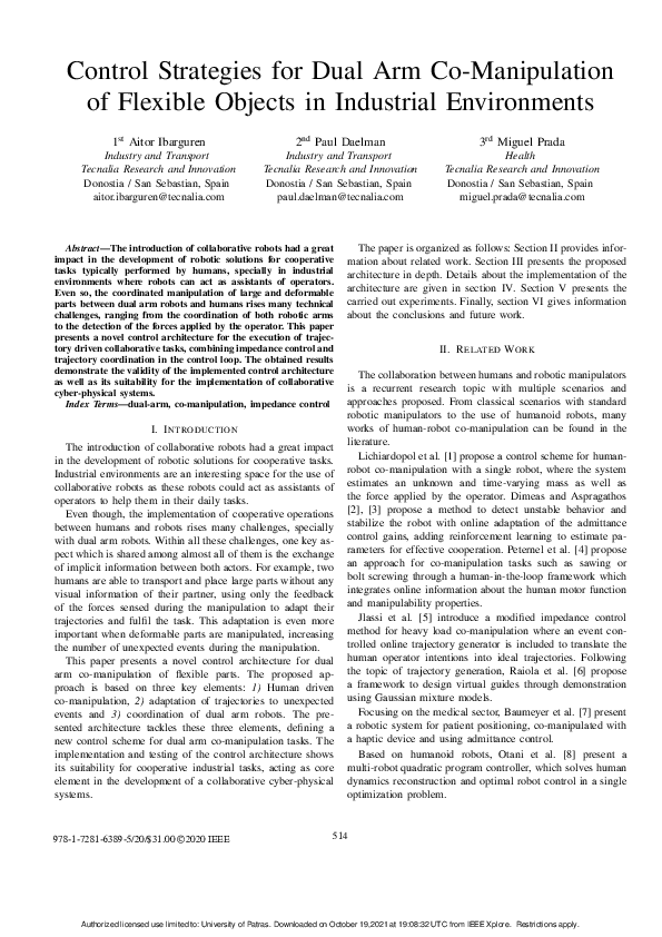 (PDF) Control Strategies for Dual Arm Co-Manipulation of Flexible Objects in Industrial ...