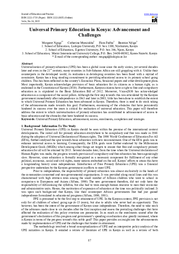 (PDF) UPE in Kenya: Progress and Ongoing Challenges
