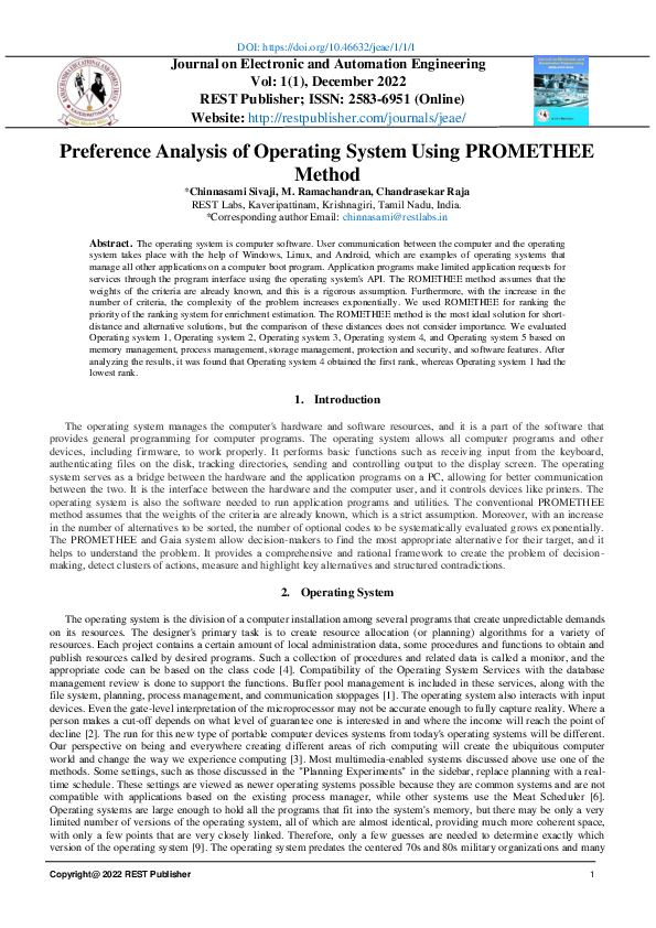 Pdf Preference Analysis Of Operating System Using Promethee Method
