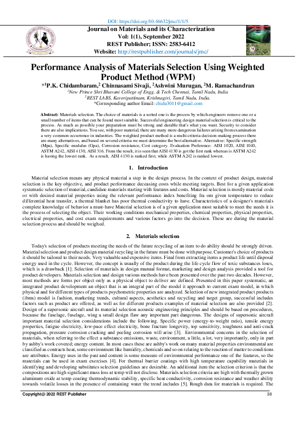 Pdf Performance Analysis Of Materials Selection Using Weighted