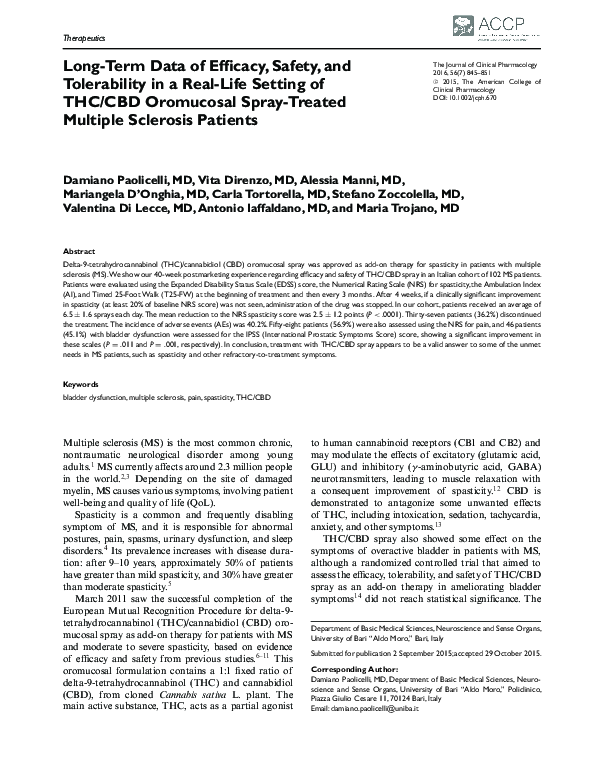 (PDF) Long-Term Data of Efficacy, Safety, and Tolerability in a Real-Life Setting of THC/CBD ...