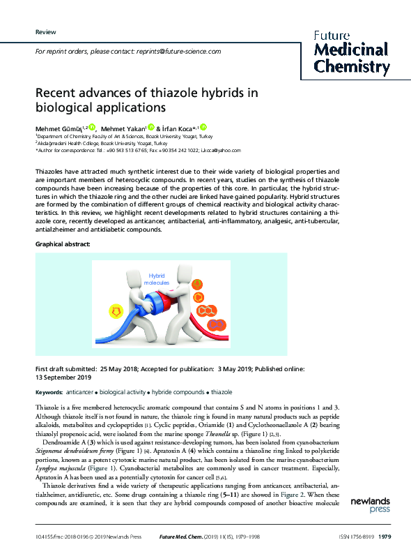 (PDF) Recent advances of thiazole hybrids in biological applications