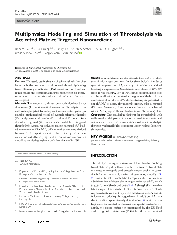 (PDF) Multiphysics Modelling and Simulation of Thrombolysis via Activated Platelet-Targeted ...