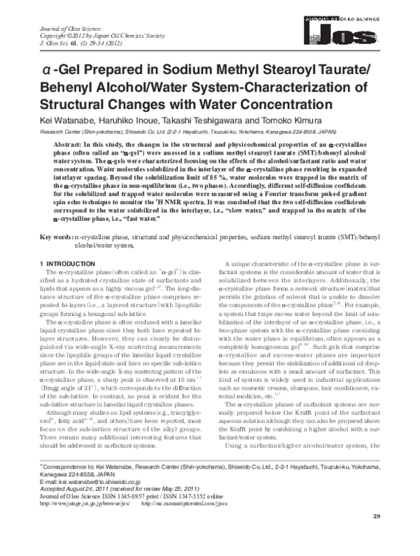(PDF) α-Gel Prepared in Sodium Methyl Stearoyl Taurate/Behenyl Alcohol ...