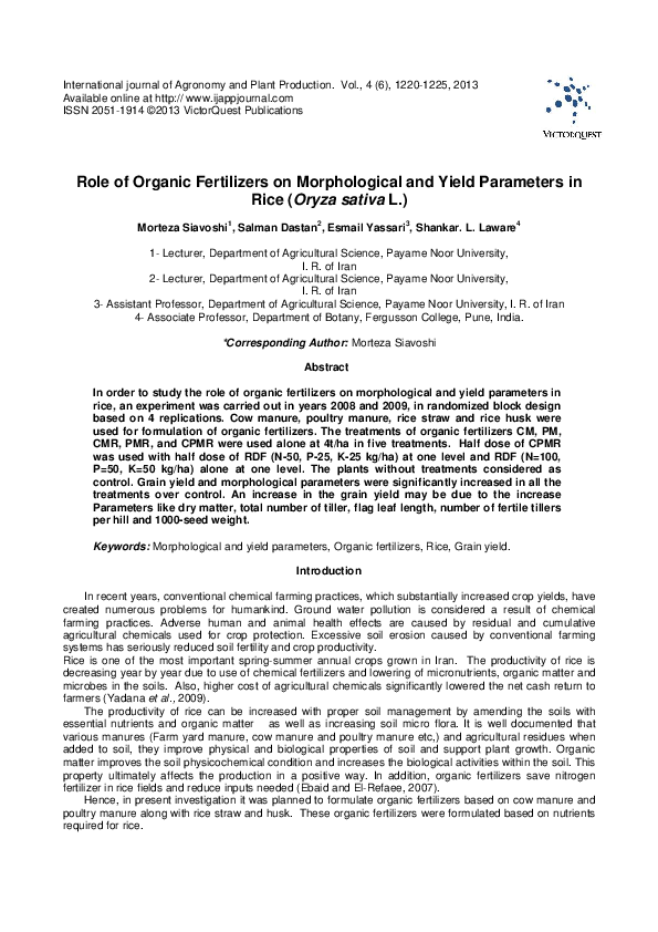 (PDF) Role of Organic Fertilizers on Morphological and Yield Parameters in Rice (Oryza sativa L.)