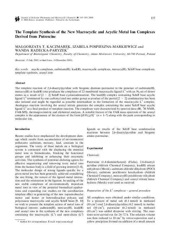 (PDF) The Template Synthesis of the New Macrocyclic and Acyclic Metal Ion Complexes Derived from ...