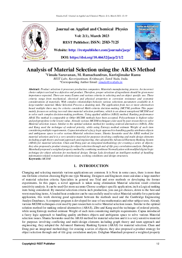 (PDF) Analysis of Material Selection using the ARAS Method