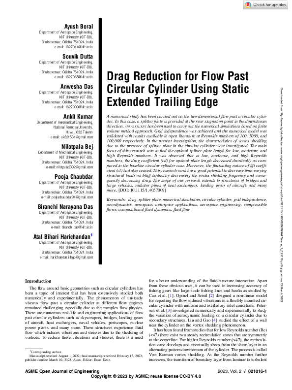 (PDF) Drag Reduction for Flow Past Circular Cylinder Using Static Extended Trailing Edge