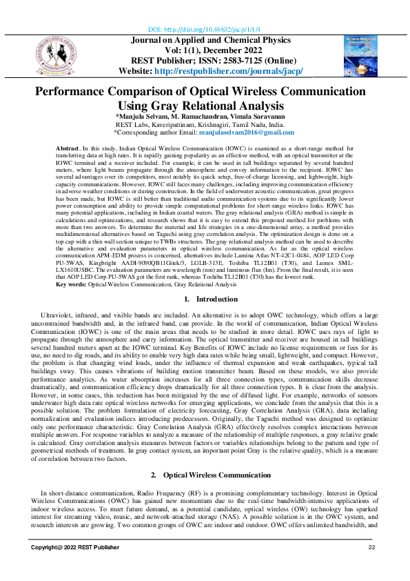 (PDF) Performance Comparison of Optical Wireless Communication Using Gray Relational Analysis