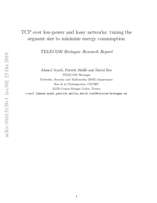 (PDF) TCP over Low-Power and Lossy Networks: Tuning the Segment Size to Minimize Energy Consumption