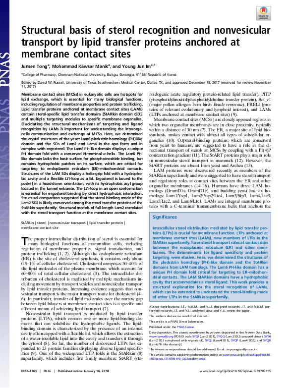 (PDF) Structural basis of sterol recognition and nonvesicular transport by lipid transfer ...