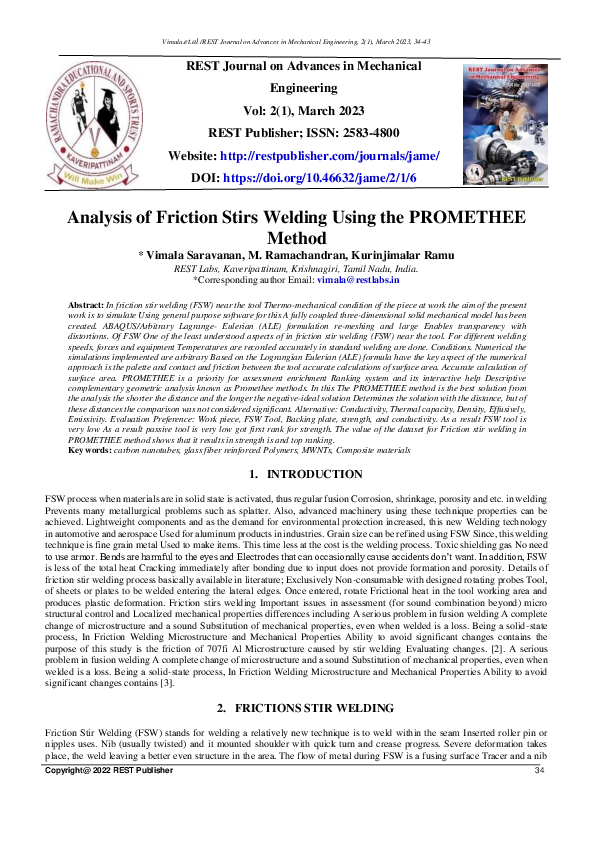 (PDF) Analysis of Friction Stirs Welding Using the PROMETHEE Method