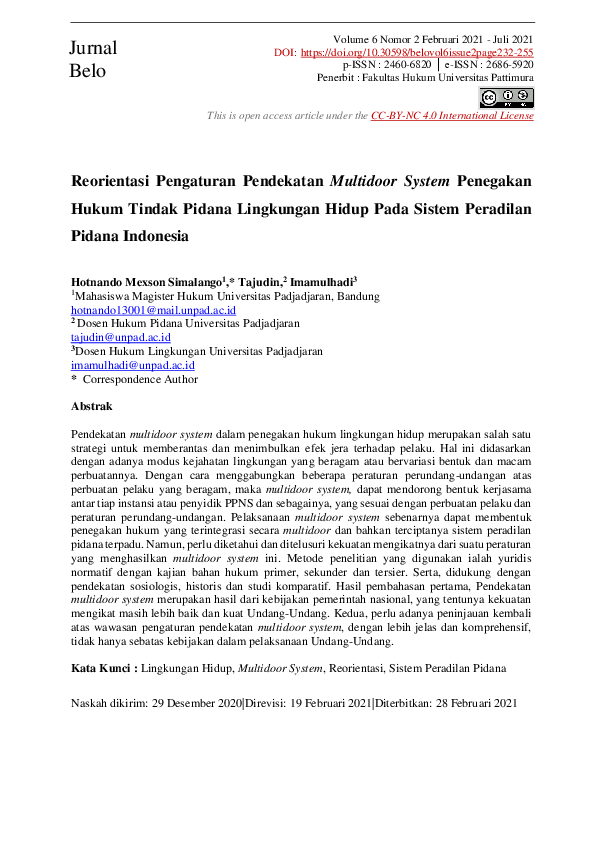 (PDF) Reorientasi Pengaturan Pendekatan Multidoor System Penegakan Hukum Tindak Pidana ...