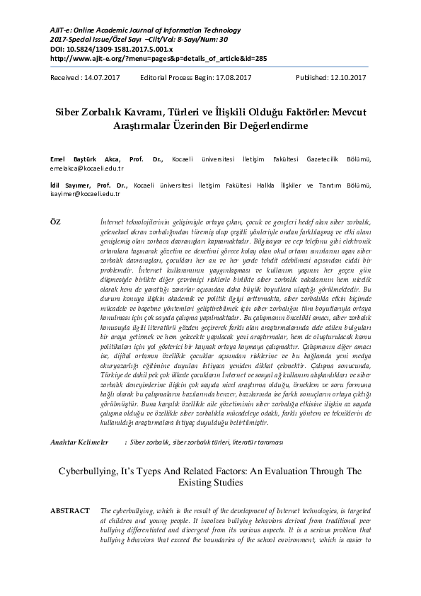 (PDF) Cyberbullying, It’s Tyeps And Related Factors: An Evaluation ...