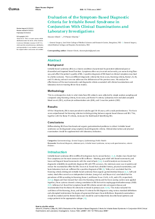 (PDF) Evaluation of the Symptom-Based Diagnostic Criteria for Irritable Bowel Syndrome in ...