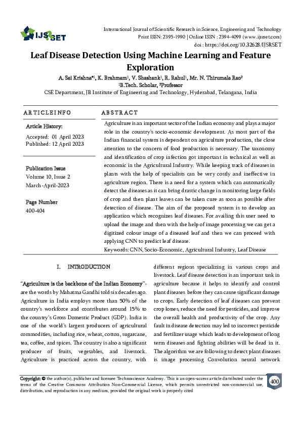 (PDF) Leaf Disease Detection Using Machine Learning and Feature Exploration