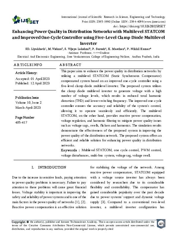 Pdf Enhancing Power Quality In Distribution Networks With Multilevel Statcom And Improved One