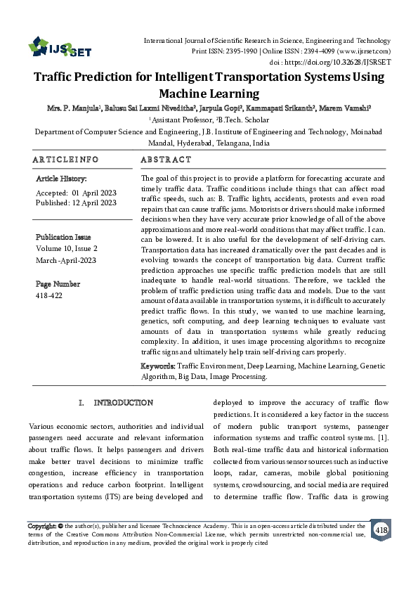 Pdf Traffic Prediction For Intelligent Transportation Systems Using