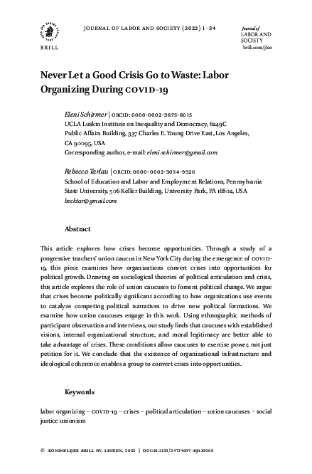 (PDF) Never Let a Good Crisis Go to Waste: Labor Organizing During ...