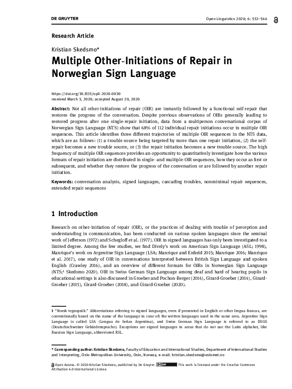 (PDF) Multiple Other-Initiations of Repair in Norwegian Sign Language