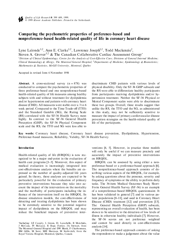 (PDF) Comparing the psychometric properties of preference-based and nonpreference-based health ...