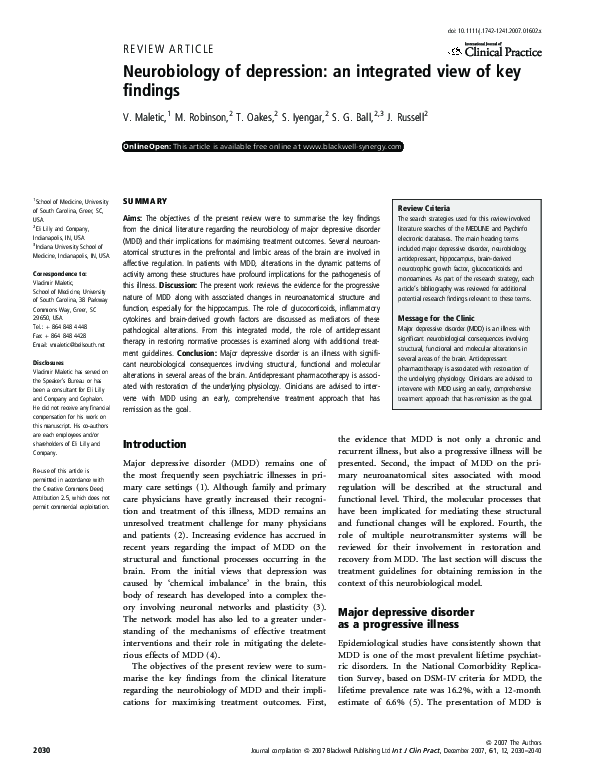 (PDF) Neurobiology of depression: an integrated view of key findings