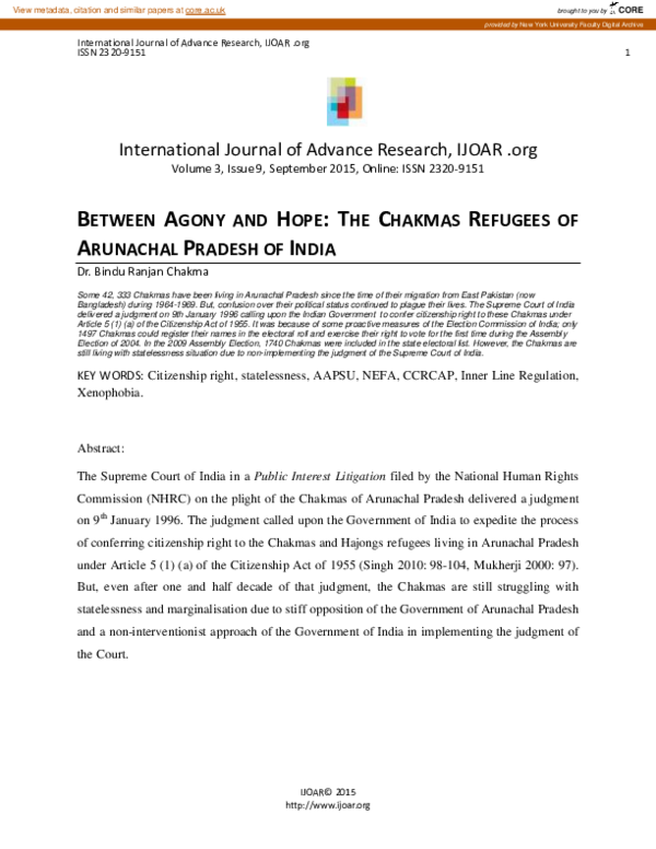 (PDF) Between agony and hope: the Chakma refugees of Arunachal Pradesh ...