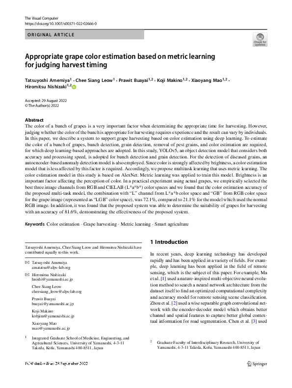 (PDF) Appropriate grape color estimation based on metric learning for judging harvest timing