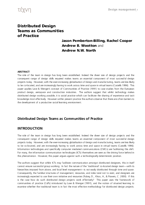 (PDF) Distributed design teams as communities of practice