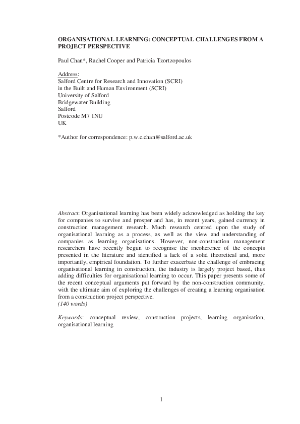 (PDF) Organizational learning: conceptual challenges from a project perspective