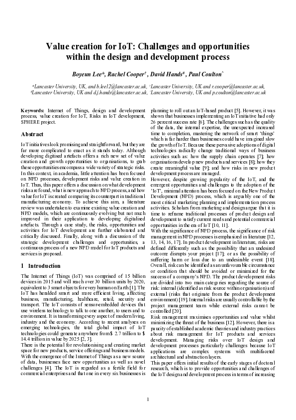 (PDF) Value creation for IoT: challenges and opportunities within the design and development process