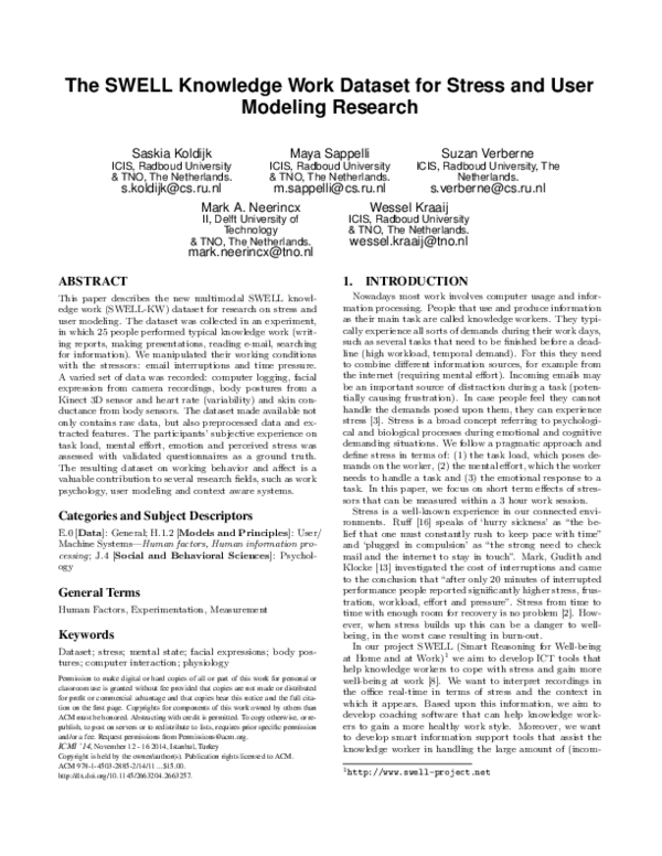 (PDF) The SWELL Knowledge Work Dataset for Stress and User Modeling ...
