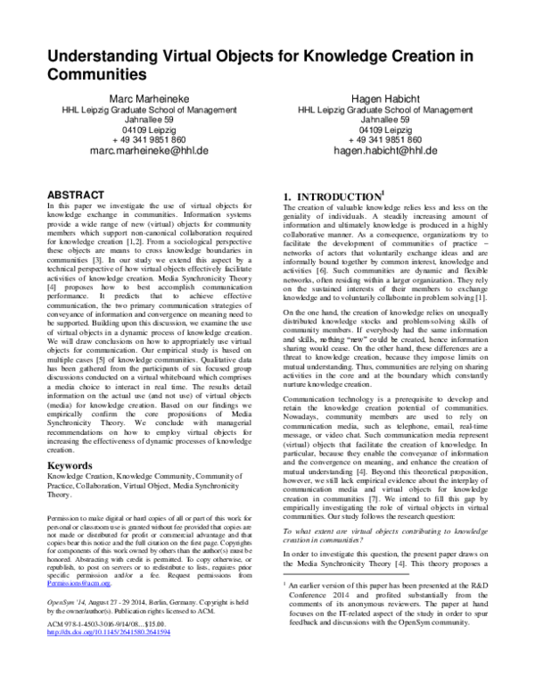(PDF) Understanding Virtual Objects for Knowledge Creation in Communities (PDF) Understanding Virtual Objects for Knowledge Creation in Communities