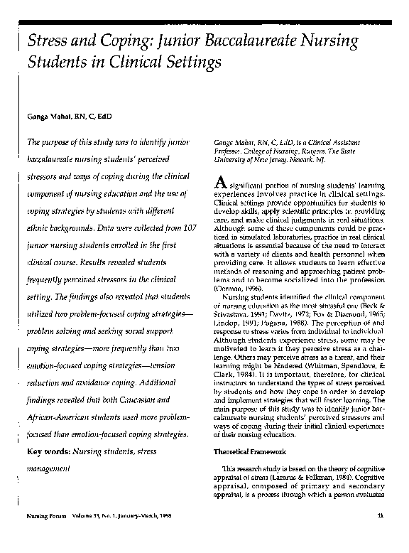 (PDF) Stress and Coping: Junior Baccalaureate Nursing Students in Clinical Settings