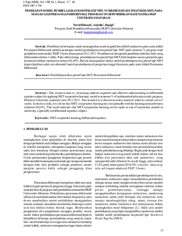 (PDF) Penerapan Model Pembelajaran Kooperatif Tipe Numbered Heads Together (NHT) Pada Mata ...