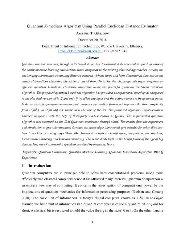 (PDF) Quantum K-medians Algorithm Using Parallel Euclidean Distance Estimator | ኢትዮጵያ ትቅደም ...