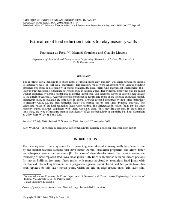 (PDF) Estimation of load reduction factors for clay masonry walls