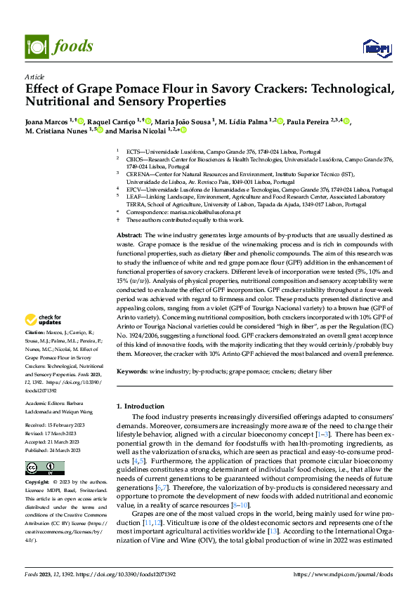 (PDF) Effect of Grape Pomace Flour in Savory Crackers: Technological ...