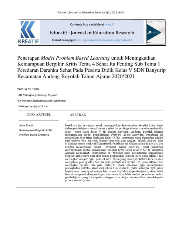 (PDF) PENERAPAN MODEL PROBLEM BASED LEARNING UNTUK MENINGKATKAN KEAKTIFAN DAN HASIL BELAJAR ...