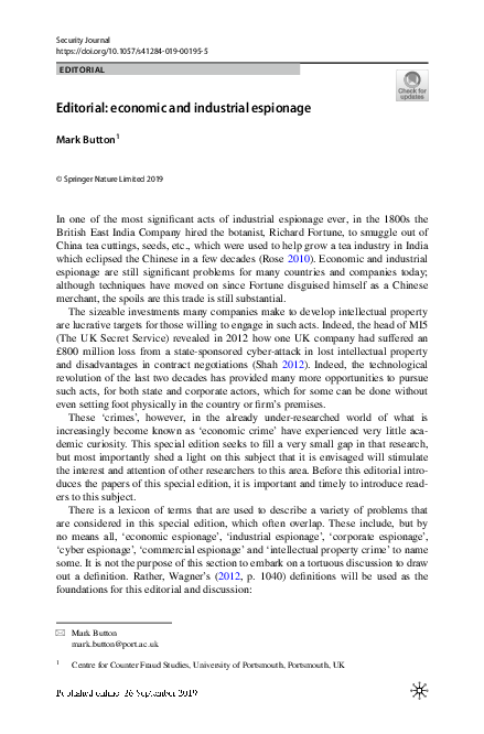 (PDF) Editorial: economic and industrial espionage