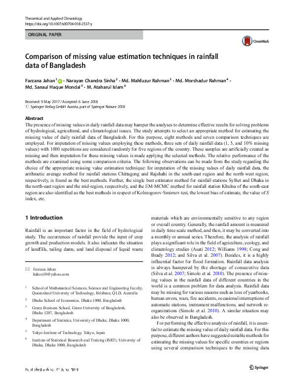 (PDF) Comparison of missing value estimation techniques in rainfall data of Bangladesh