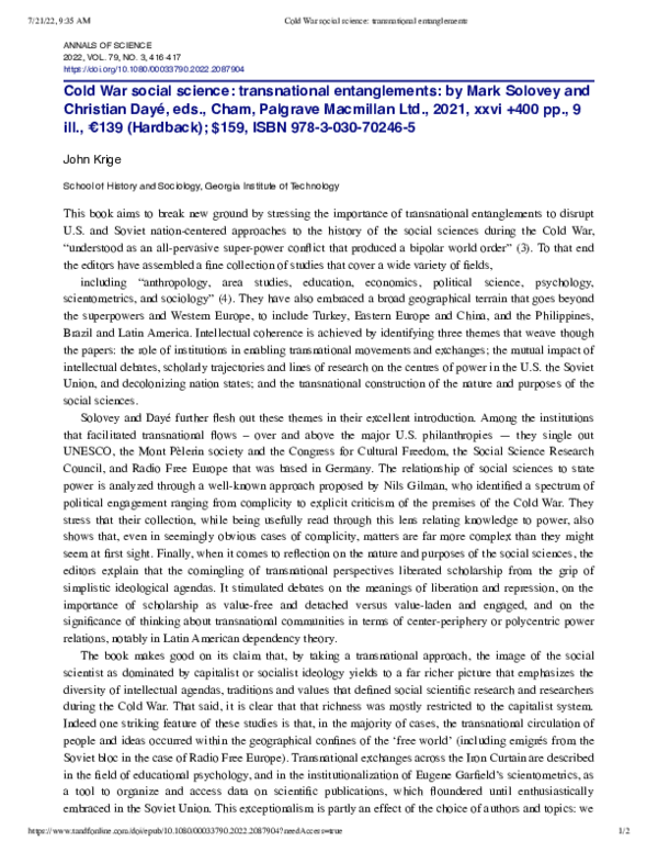 (PDF) John Krige review of Solovey & Daye, eds., Cold War Social ...